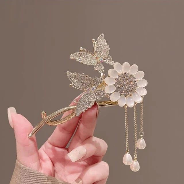 Ashkash 1pcs Rehinestone Double Butterfly Pearl Tassel French Style ...