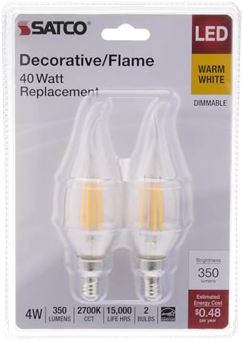 Satco S21820 4 Watt B11 LED Bulb, Clear, Candelabra Base, 3000K, 350 ...