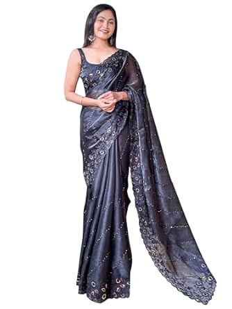Buy AKHILAM Women's Black Organza Embellished Saree With Unstitched Blouse(KESARI5804_KR) at ...