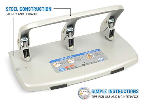 CARL, Medium-Duty 3 Hole Paper Punch, 40 Sheet Punch Capacity, Metallic ...
