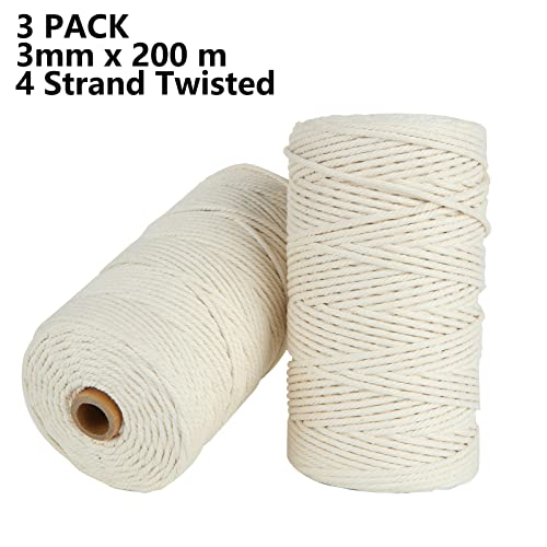 YAYODS 3 Pack Macrame Cord 3mm x 200 Meters, 4-Strand Twisted Soft ...