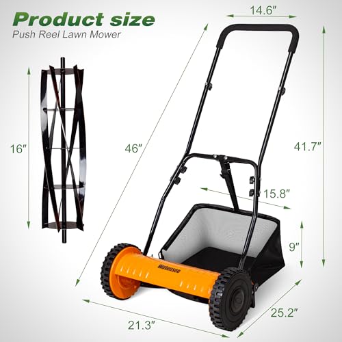 Walensee 16-Inch 5-Blade Push Reel Lawn Mower, Cordless Manual Reel ...