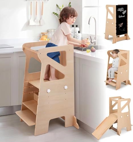 Wooden Kitchen Step Helper Learning Standing Tower with Slide 4-in-1 ...