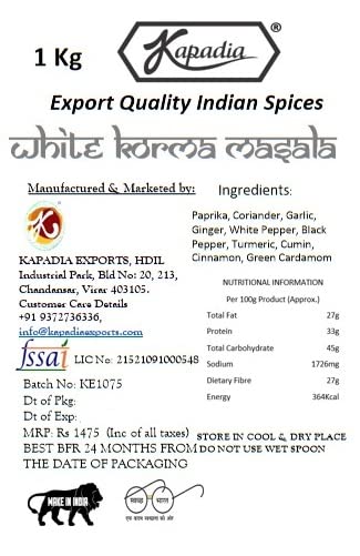 Kapadia White Korma Masala 1 Kg | Chicken / Mutton / Paneer / Egg White ...