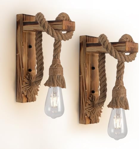 SEEBLEN Farmhouse Wood Wall Sconce Set of Two, Rustic Hemp Rope Wall ...