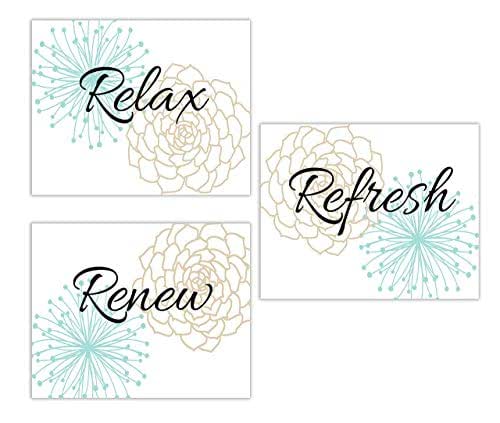 Amazon.com: Relax Refresh Renew Floral Wall Art in Aqua, khaki, and ...