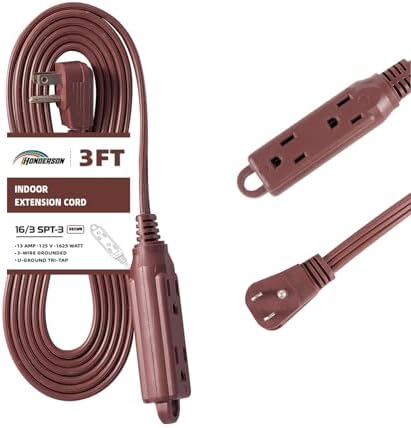 Amazon.com: HONDERONS 3FT 3 Outlets Brown Extension Cord with Flat Plug ...