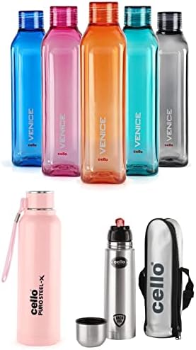 Cello Flip Style Bottle, 500ml, Silver&Cello Venice Plastic Bottle Set ...