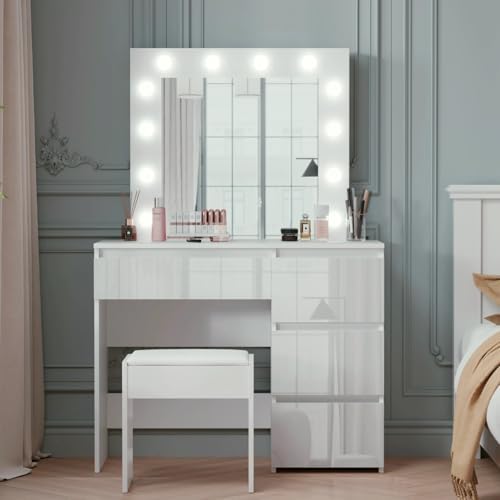 LSBIKE White High Gloss Dressing Table 4 Drawers with Mirror and Stool ...