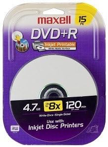 Maxell 8X 4.7GB 120-Minute DVD+R Inkjet Printable Media 15-Pack : Buy ...