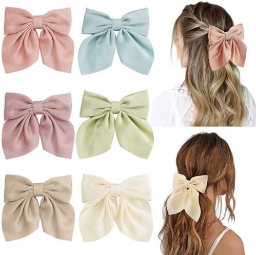 Amazon.com : 6Pcs Hair Bows for Women, Bow Hair Clips, Silky Satin Hair ...