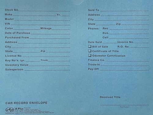 Amazon.com : A Plus Car Record Envelope #19 Vehicle Dealer Jackets, 100 ...