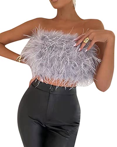 AIBEARTY Women Sexy Faux Fur Feather Crop Tops Strapless Bandeau Tube ...