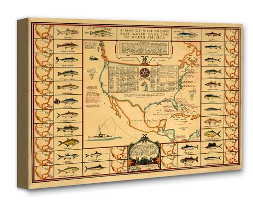Amazon.com: 1935 Map of North American Saltwater Game Fish 16x20 Canvas ...