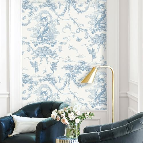 Humyoun Toile Blue and White Vintage Peel and Stick Wallpaper 16 x 393. ...