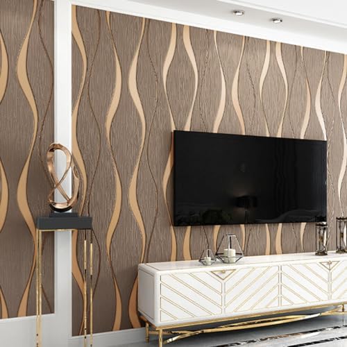 Snewvie Coffee Wave Stripes Wallpaper Non-Woven Wall Paper Glitter 3D ...