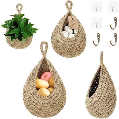 Teardrop Fruit Vegetable Baskets for kitchen, Boho Handwoven Wall Jute ...