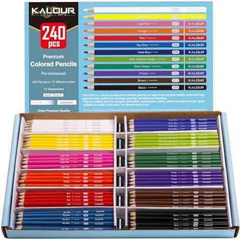 KALOUR Premium Pencil Crayons Bulk,12 Assorted Vibrant Colors,240 Count ...