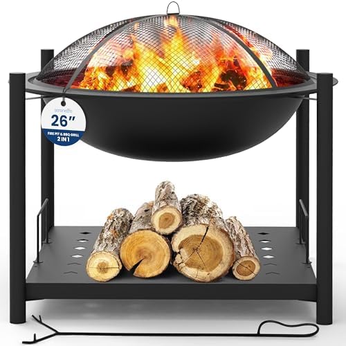 Amazon.com: SereneLife 26" Outdoor Fire Pit with BBQ Grill, Mesh Screen ...