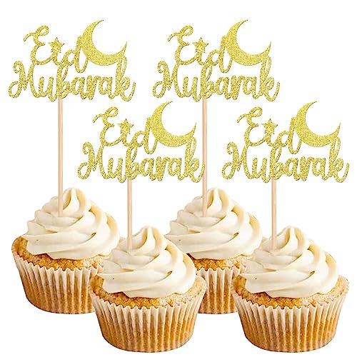 Snapklik.com : 24 PCS Eid Mubarak Cupcake Toppers Gold Glitter Moon ...
