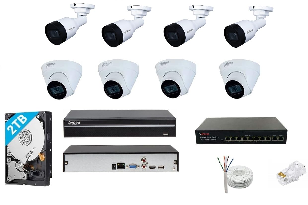 DAHUA 2MP CCTV IP Camera Full Set, 4 Outdoor Bullet,4 Indoor Dome, 8 ...