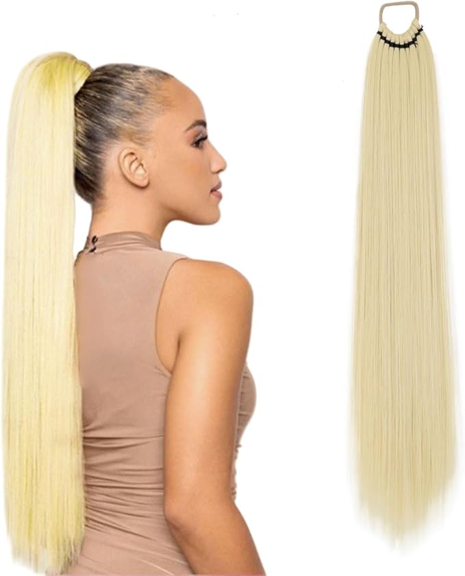 prinfantasy Blonde Hair Ponytail Extension 60cm Long Straight Wrap ...