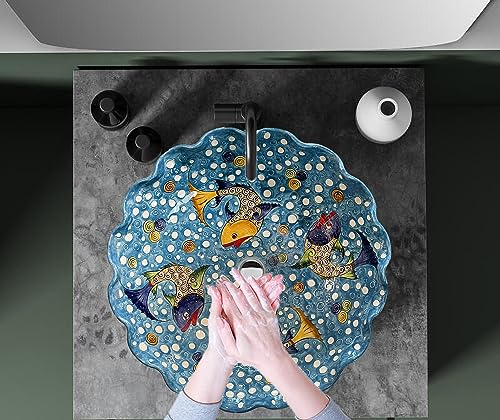 Amazon.com: Fish and Sea Round Bathroom Sink, Curvy Edge, Ceramic ...