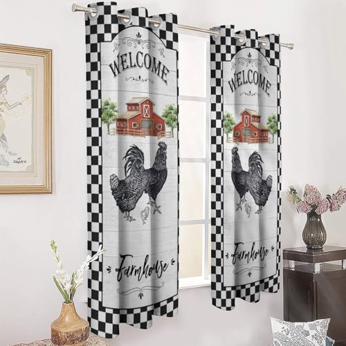 Kitchen Rooster Print Black White Checkered Curtains