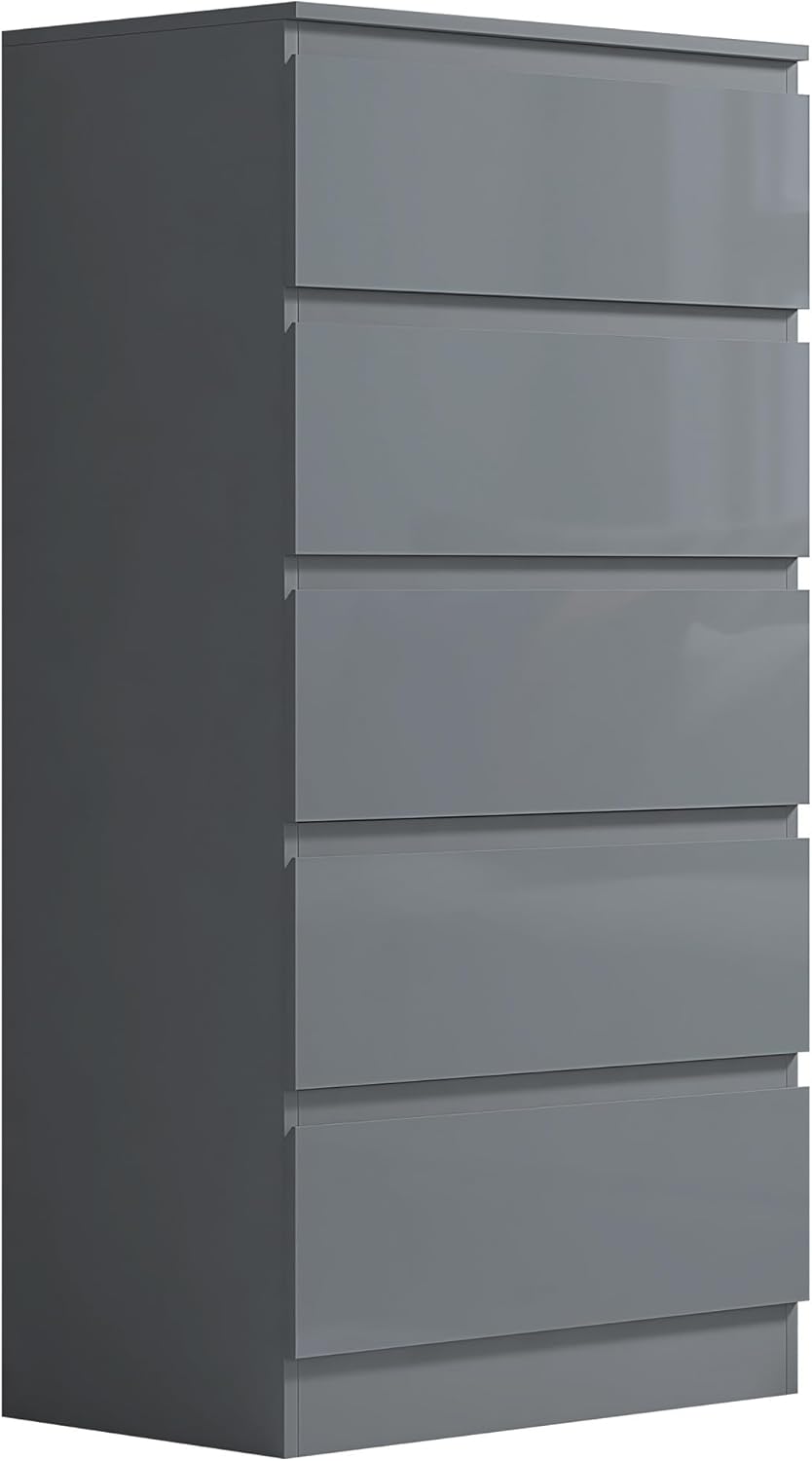 FWStyle Tall 5 Drawer Bedroom Chest of Drawers - Matt Grey with Grey ...