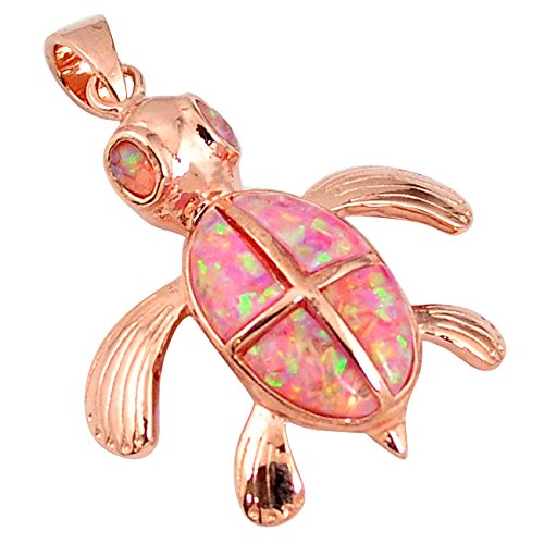 Pink australian opal (lab) 925 silver 14k rose gold turtle pendant ...