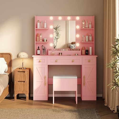 Amazon.com: Boonatu Pink Makeup Vanity Desk with Mirror and Lights, 42. ...