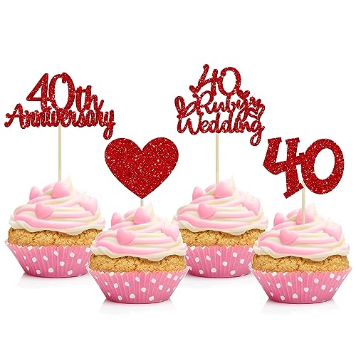 Gyufise 24Pcs 40th Anniversary Cupcake Toppers Heart Cake Toppers Ruby ...