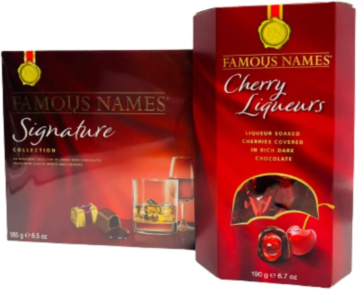 Famous Names Cherry Liqueurs 190g & Signature Collection Dark Chocolate ...