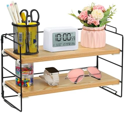 JIIKOOAI Wood Desk Storage Organizer, 2 Tiers Desk Display Shelf ...