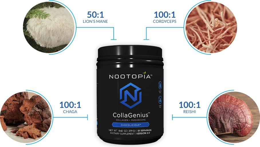 Nootopia Collagenius v2.0 - Nootropic Blended Powder of 4 Mushrooms: Lions Mane, Reishi, Chaga ...
