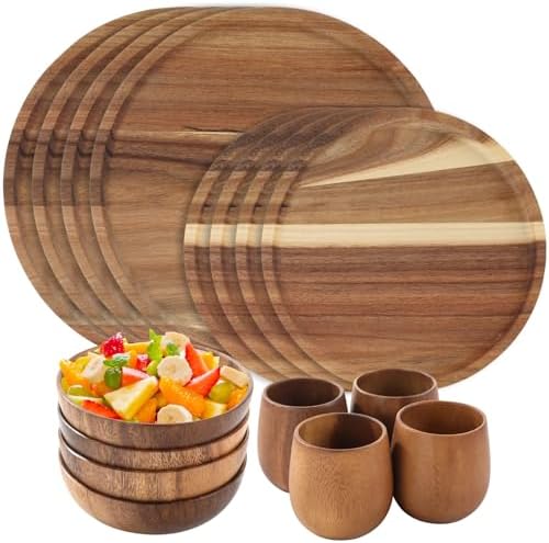 Amazon.com | 16 Pcs Acacia Wood Dinnerware Set, Includes 4 pcs 9.8-in ...