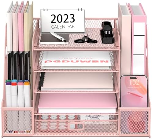 Desk Organizer with File Holder, 4-Tier Letter Paper Tray Organizer ...