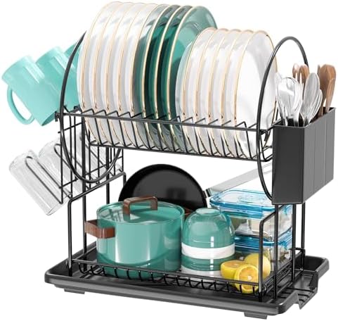 2 Tier Black Dish Drainer Rack with Drip Tray, Stainless Steel Draining ...