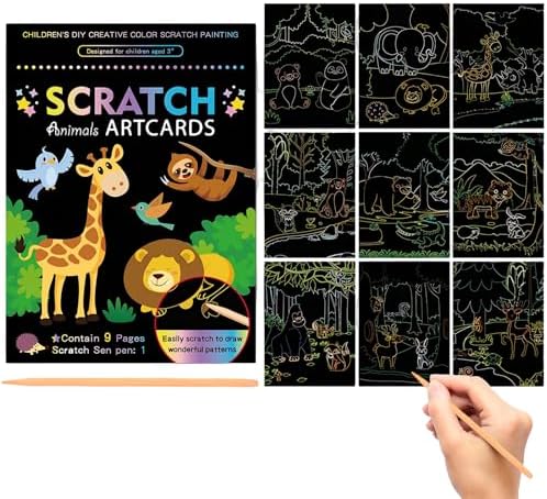 9 Pcs Scratch Art Paper for Kids, Rainbow Animal Scratch Off Paper Arts ...