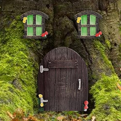 Amazon.com: Brown Fairy Garden Doors and Windows for Trees Mini Fairy Statues Wall and Trees ...