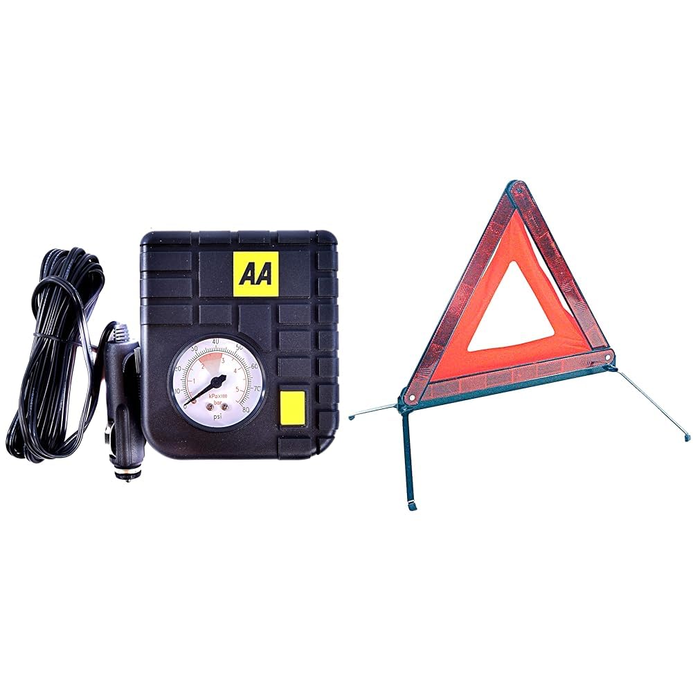 AA Car Essentials 12V Compact Tyre Inflator AA5007 & Warning Triangle ...