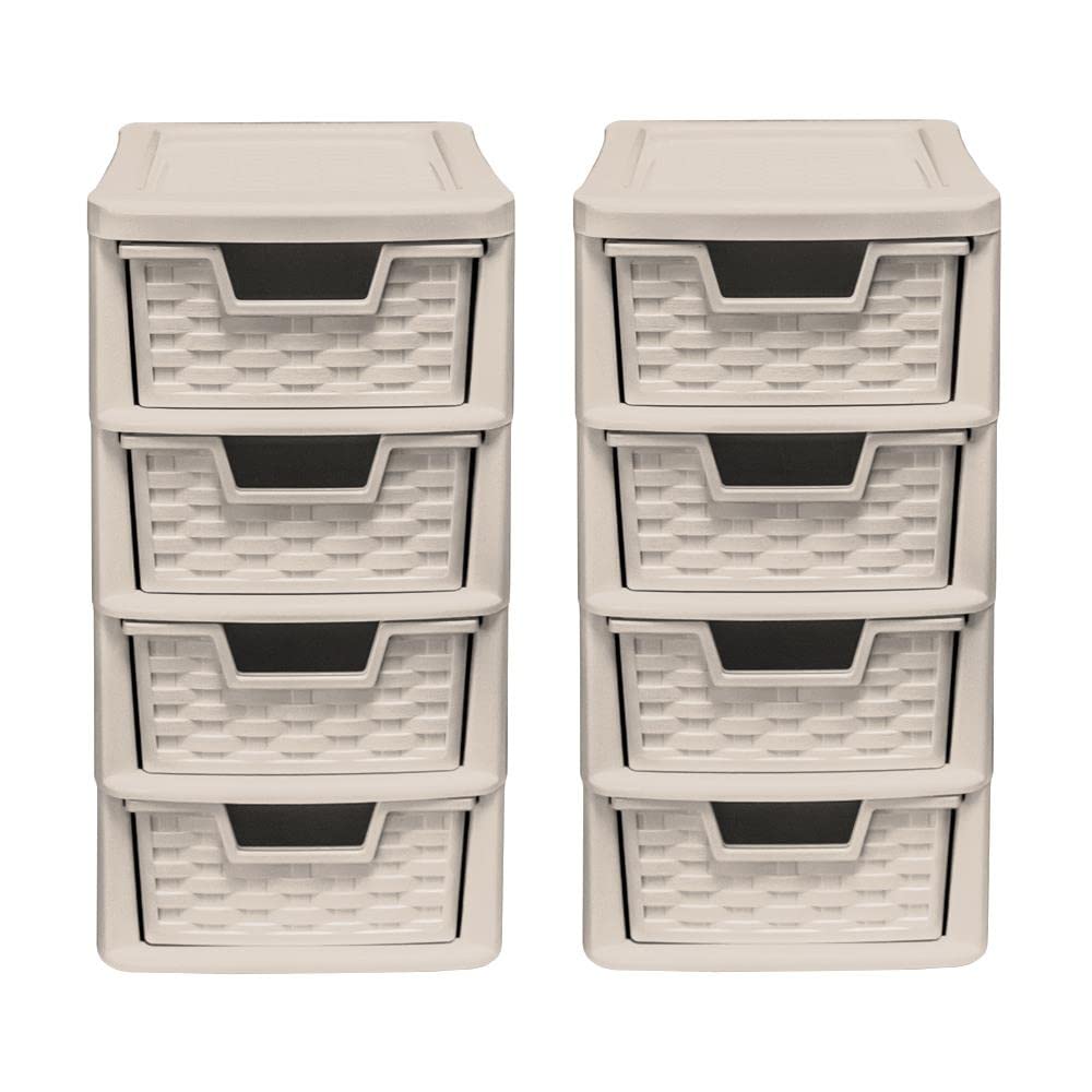 4 Drawer Small Rattan Tower Unit - Mushroom, Set of 2 Units - 38.5cm (H ...