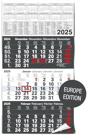 TOBJA 3 Monatskalender 2025 Wandkalender mit Schieber Europe Version ...