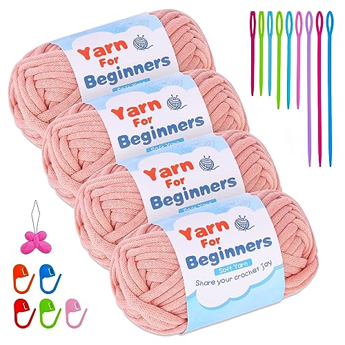 200g Dark Pink Easy Yarn, Crochet Yarn for Beginner with Easy-to-See ...