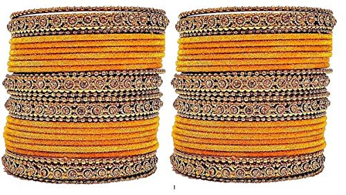 Buy Oneness Peach Bangles Velvet Metal Combo Set With Golden Kada & Dot ...