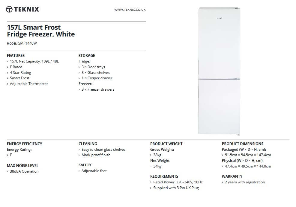 Teknix SMF1440W/E Freestanding 50/50 Fridge Freezer - Upright with 157 ...