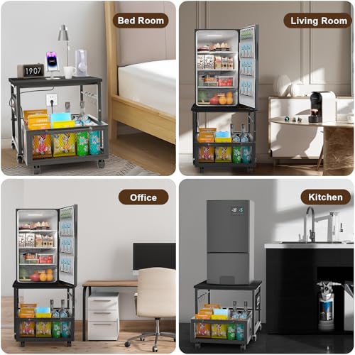 Heavy Duty Mini Fridge Cart with Storage, Wheels & Power Outlet (220LBS ...