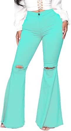 Amazon.com: vunahzma Women's Flare Bell Bottom Cyan Jeans Knee Ripped ...