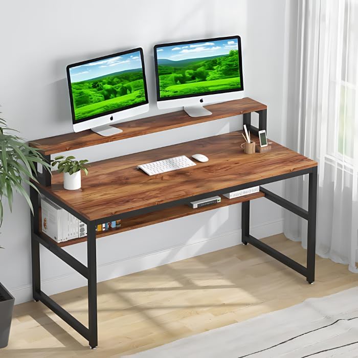 Deskio Computer Desk with Lower Shelf & Monitor Riser, Laptop Table ...