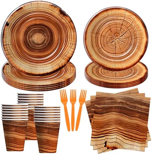 Amazon.com: Skylety 200 Pcs Camping Birthday Party Supplies Wood Grain ...